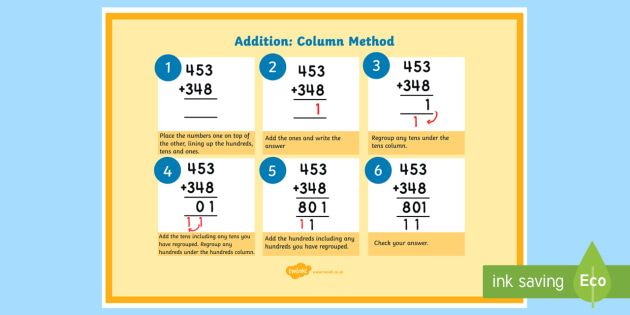 Addition Column Method 3 Digit Numbers Addition Column