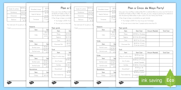 Plan a Cinco de Mayo Party Math Worksheet - Cinco de Mayo, Math
