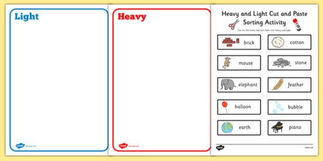 Heavy and Light Cut and Paste Sorting Activity - heavy, light