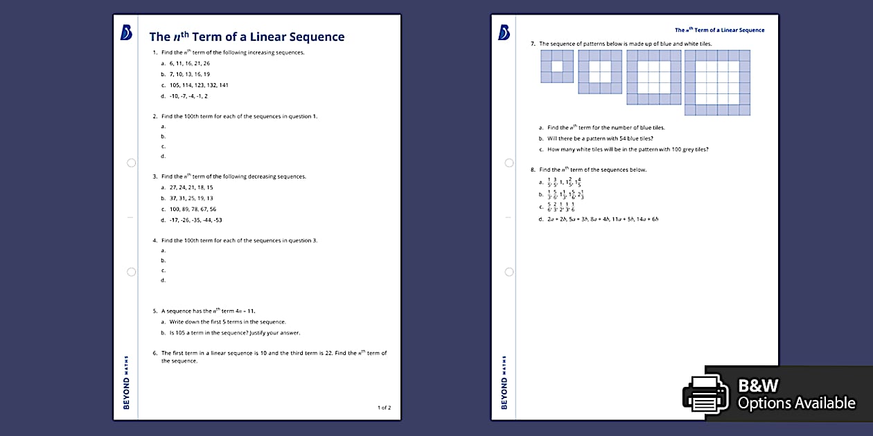 Find The Nth Term Of A Linear Sequence Worksheet