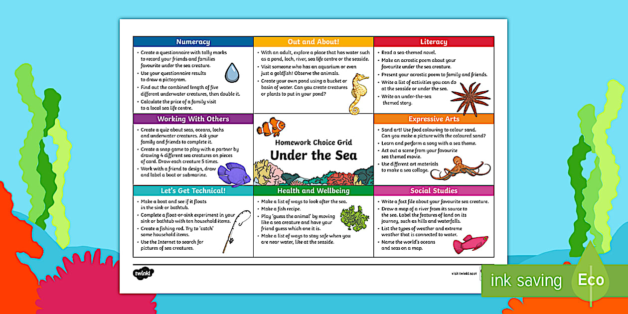 Editable Under The Sea CfE Homework Grid Lehrer Gemacht