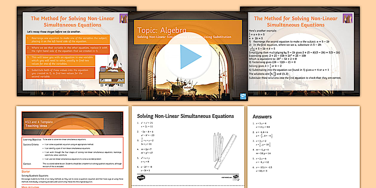 Solving Non Linear Simultaneous Equations Lesson Pack