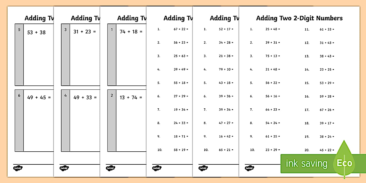 SA Adding Two 2 Digit Numbers Practice Worksheets Twinkl
