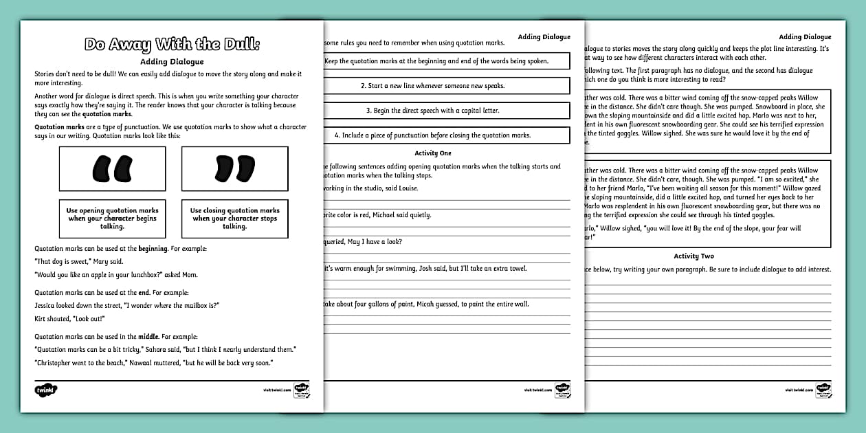 Adding Dialogue Worksheet For 6th 8th Grade Twinkl