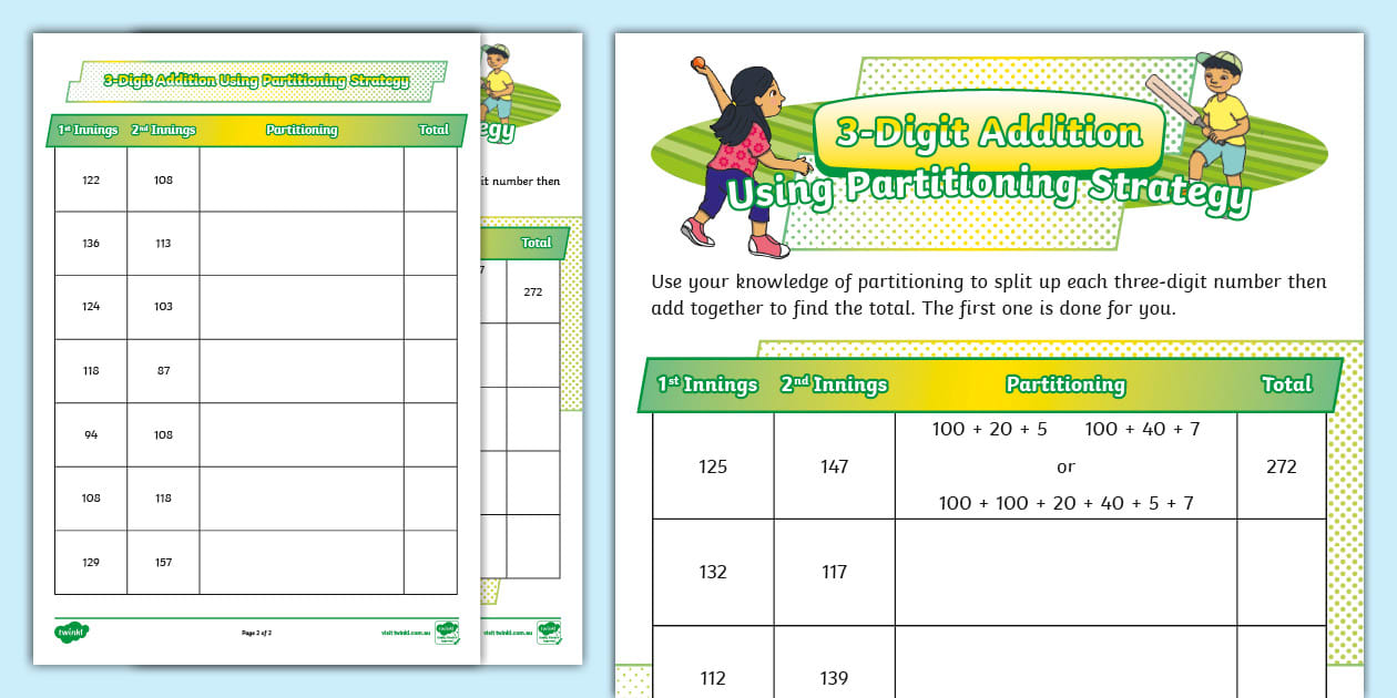 Cricket Themed 3 Digit Addition Using Partitioning Strategy