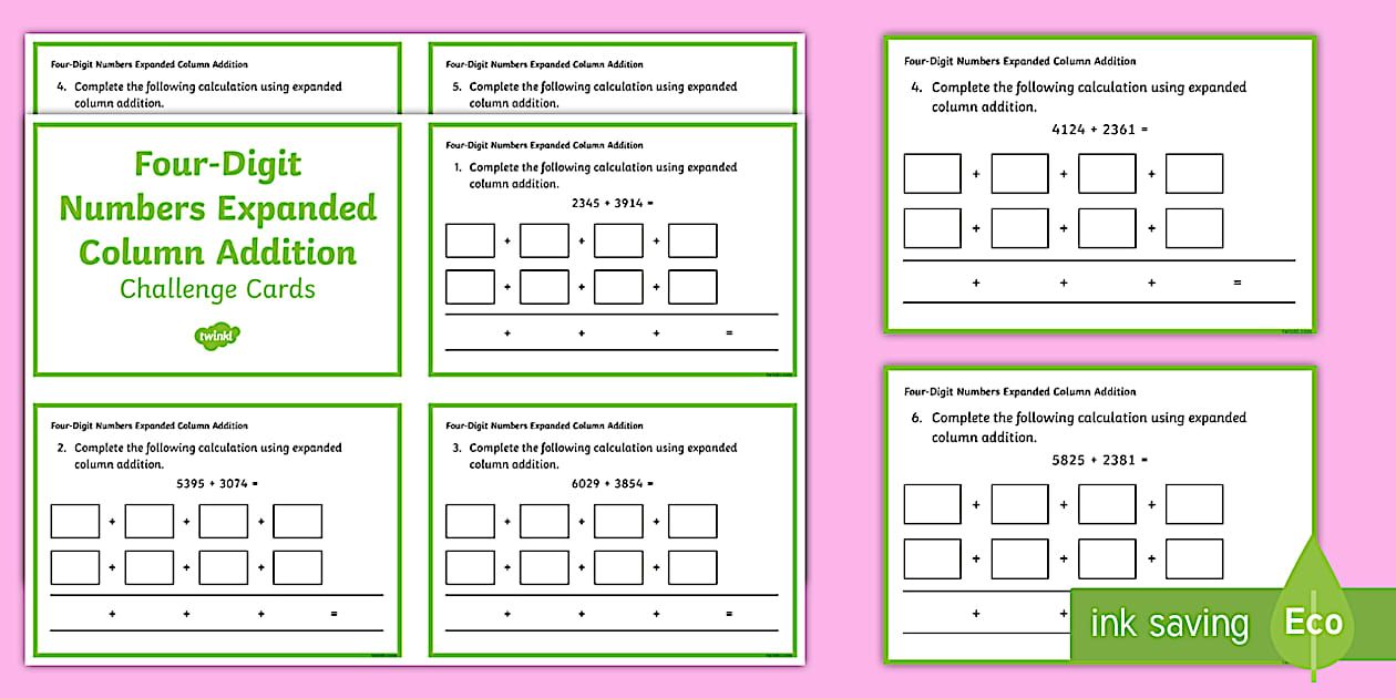 Four Digit Numbers Expanded Column Addition Challenge Cards