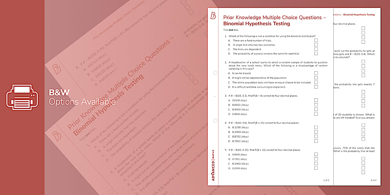 Binomial Hypothesis Testing Prior Knowledge Multiple Choice Questions