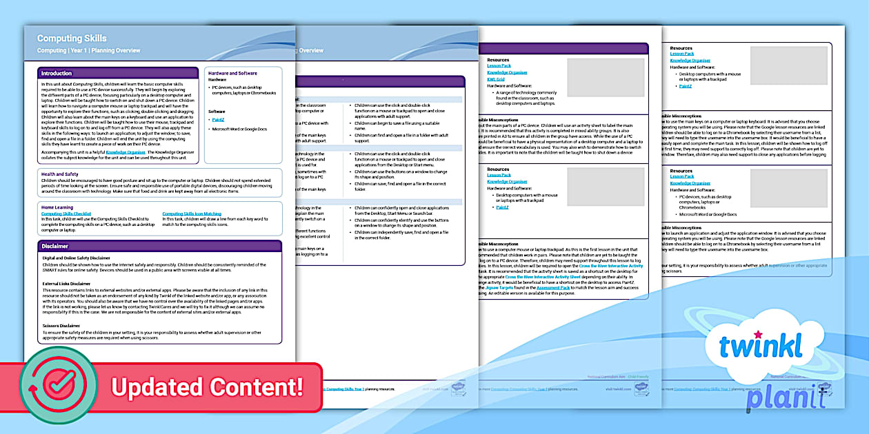 Computing Computing Skills Year 1 Planning Overview