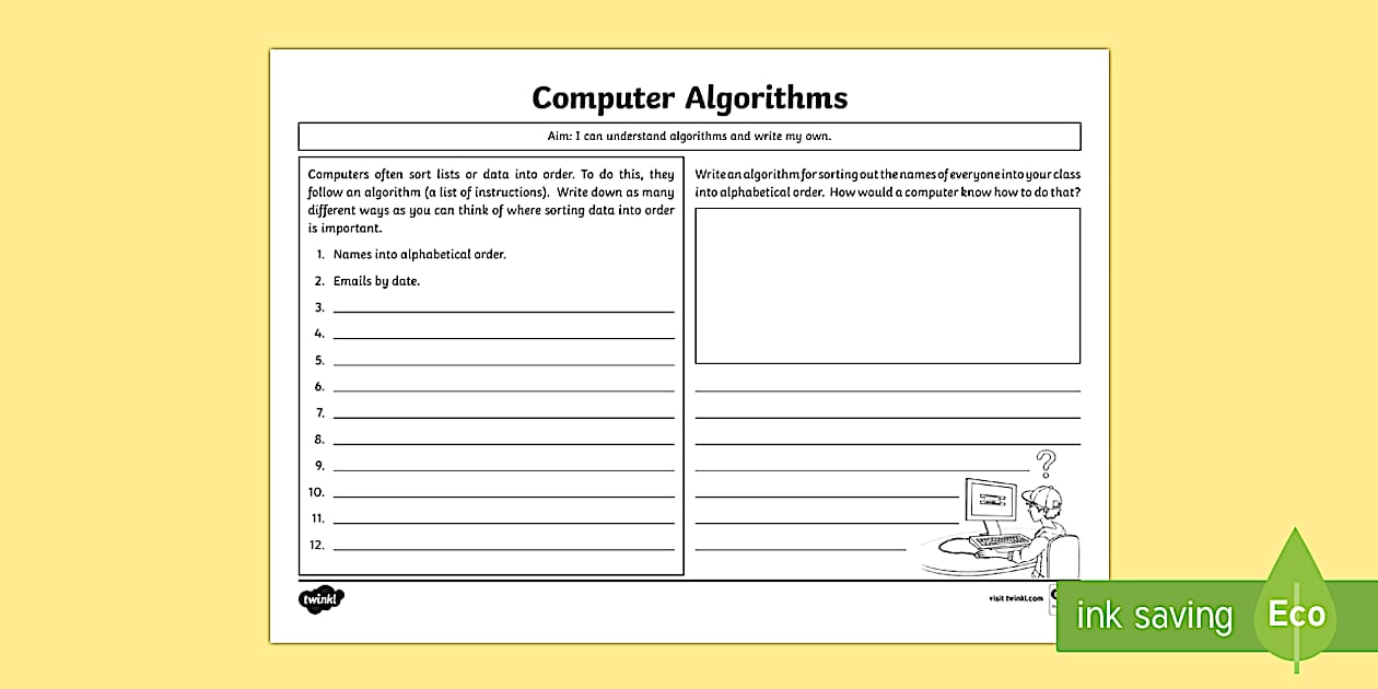 Computer Algorithms Worksheet Worksheet Twinkl