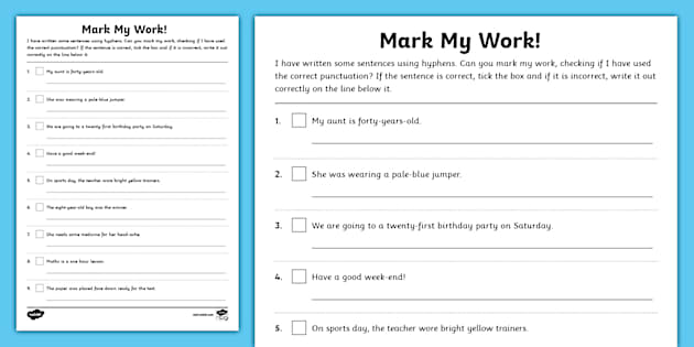Hyphens Mark My Work Worksheet Teacher Made Twinkl