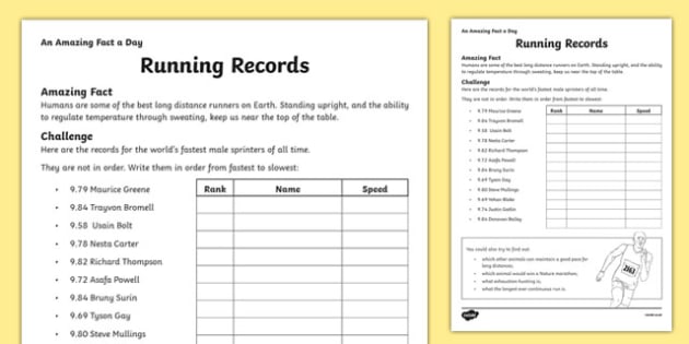 Running Records Activity Sheet, worksheet