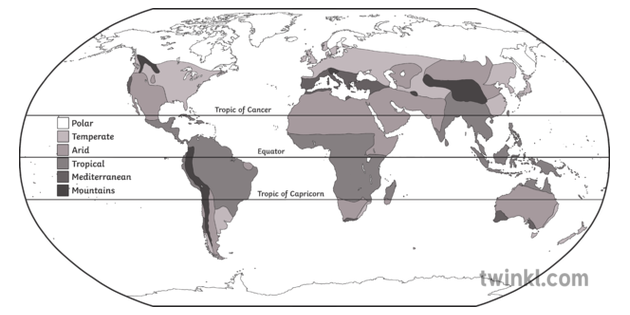 Climate Zones Robinson Projection World Map Geography KS2 Black and White