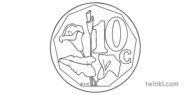 South African 10 Cent Coin Mathematics Currency KS1 Black and White