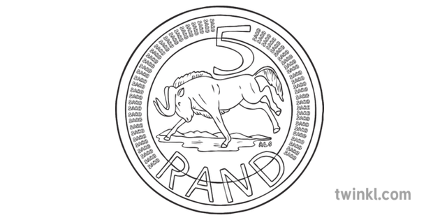South African 5 Rand Coin Mathematics Currency KS1 Black and White