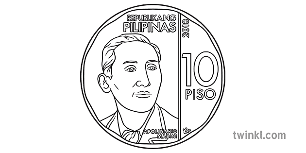 10 Peso Coin Front Black and White RGB Illustration - Twinkl
