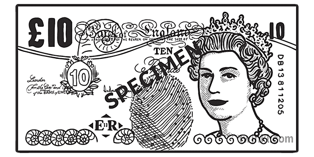 10 ten pound note front black and white Illustration - Twinkl