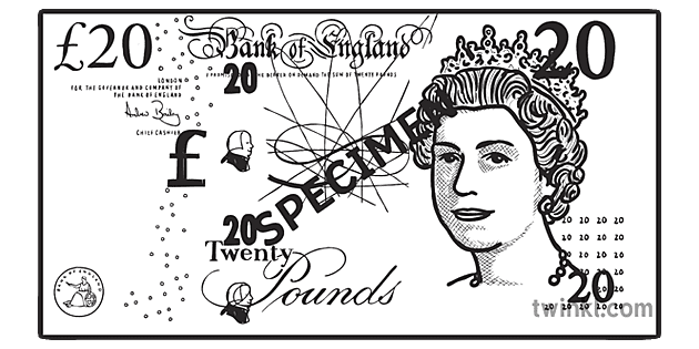 20 tjugo pund sedel front svart vit - Twinkl