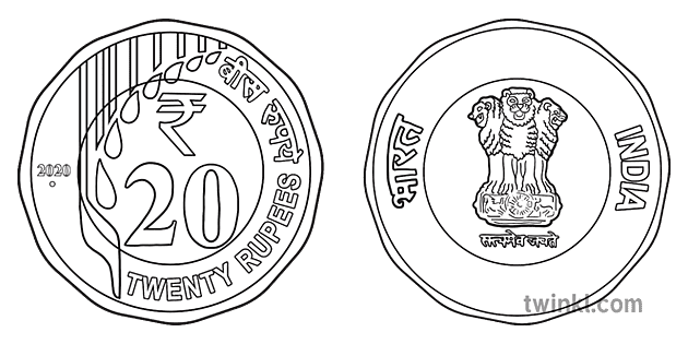 20 India ruupia münt must valge rgb ver 1 - Twinkl