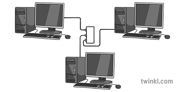3 Joined Computers Black and White Illustration - Twinkl