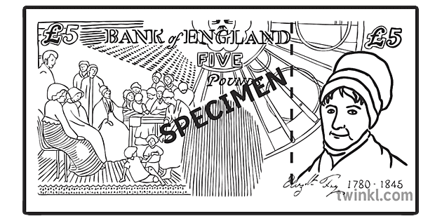 I 5 five pound note back black and white Illustration - Twinkl