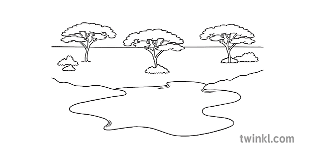 African Watering Hole Background Black and White Illustration - Twinkl