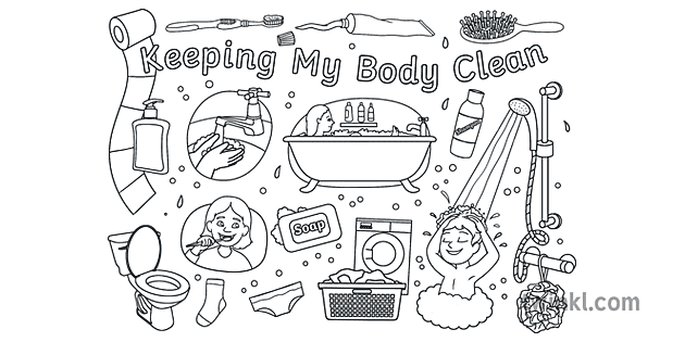 All About Keeping My Body Clean Doodle Colouring Page Illustration - Twinkl