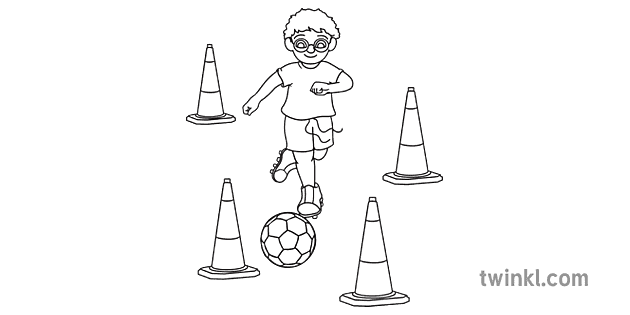 bērnu dribbling football between cones no background black and white rgb
