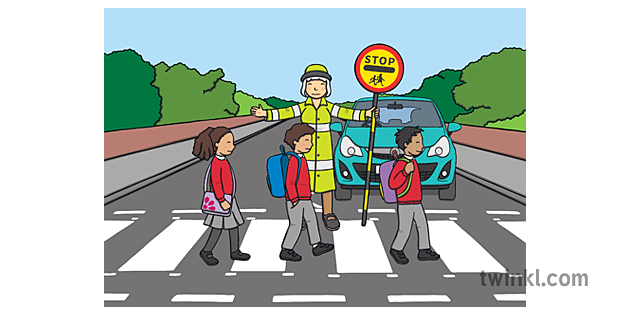 Children Crossing Road With Lollipop Lady Illustration - Twinkl