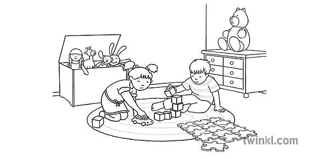 mga bata naglalaro ng mga laruan itim at puti - Twinkl