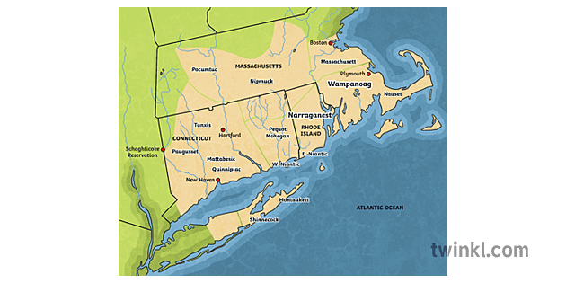 Indigenae Tribus Map Wampanoag And Narragansett Illustration - Twinkl