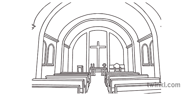 Inside of Church Black and White Illustration - Twinkl