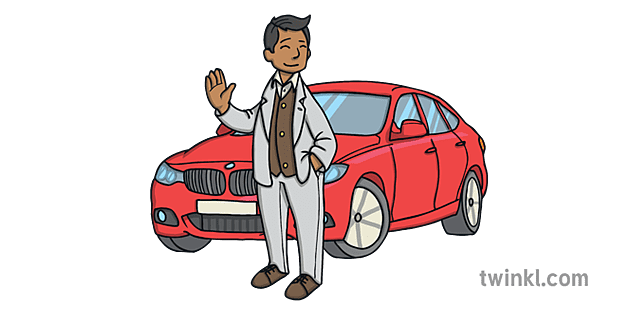 ks1 man infront of car preposition literacy color rgb Illustration - Twinkl