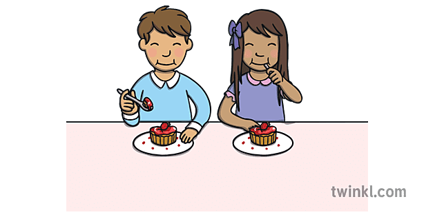 kit and sam together at restaurant table eating jam tart desserts ...