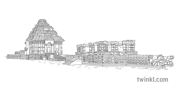 Konark Sun Temple Black and White RGB Illustration - Twinkl