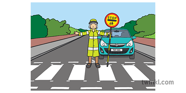 lollipop lady stop car at zebra crossing Illustration - Twinkl