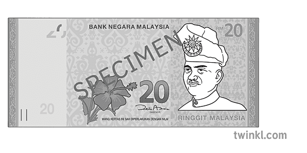 Malaysian Banknote 20 Ringgit Portrait Side Black and White RGB