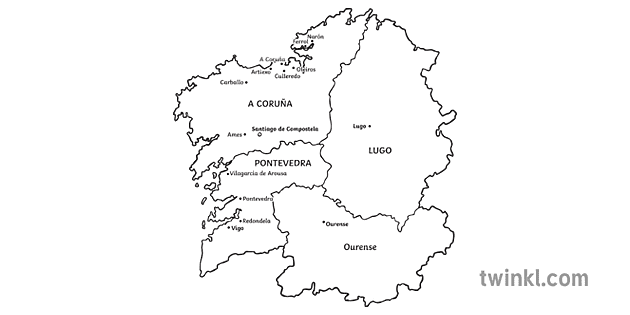 mapa de galicia 1 blanco y negro Ilustración - Twinkl