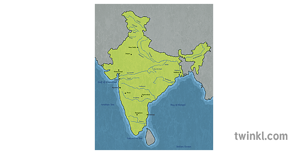 map of india with label sea sea cities and river ks2 Illustration - Twinkl