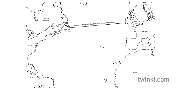 Map of Transatlantic Telegraph Cable Black and White Illustration - Twinkl