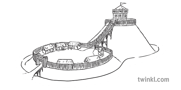 motte and bailey castle czarno białe Illustration - Twinkl
