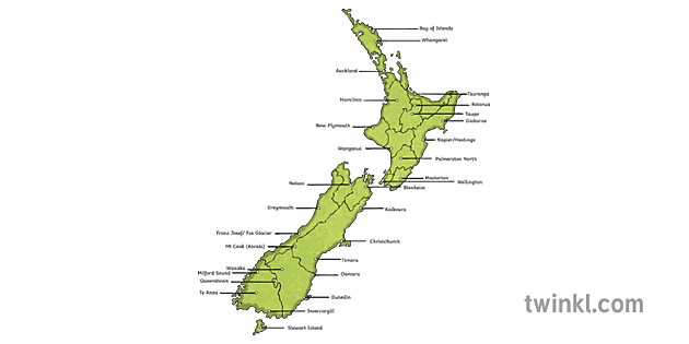 NZ Map with Cities Labelled Illustration - Twinkl