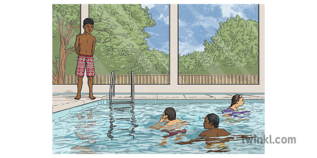 Nervous Boy Swimming Pool Kids Playing Fun Upset Worried Cant Swim PHSE and