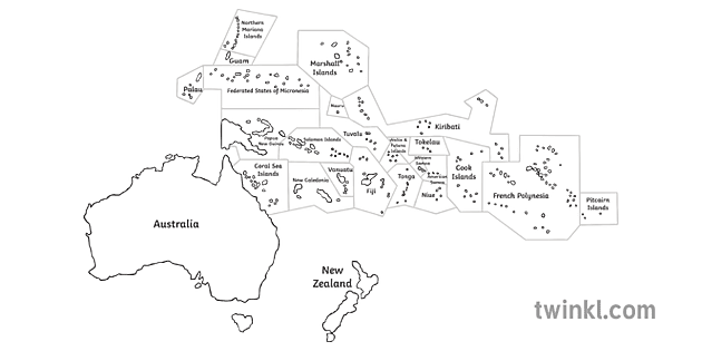 oceania map continent world geography secondary bw rgb Illustration ...