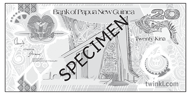 Papua New Guinea 20 Kina Note Money Cash Banknote Black and White RGB
