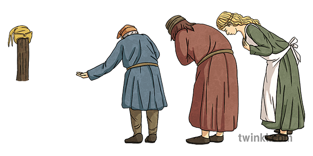 People Bowing in Front of a Hat Placed on Top of a Wooden Pole