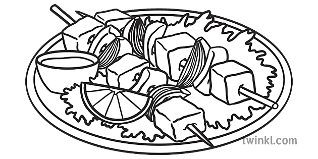 Plate of Paneer Tikka Diwali Black and White RGB Illustration - Twinkl