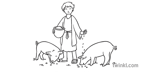 Prodigal Son Feeding Pigs Black and White Illustration - Twinkl