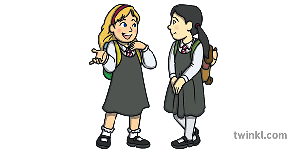 School Girl Introducing Self to Another School Girl - Twinkl