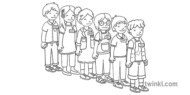 enam anak berdiri dalam a baris matematik ks1 hitam dan putih ...