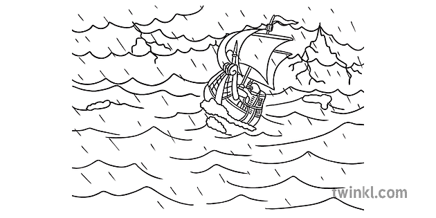 Storm Sea Night Lightning Boat Background Ship EYFS KS1 Black and White RGB